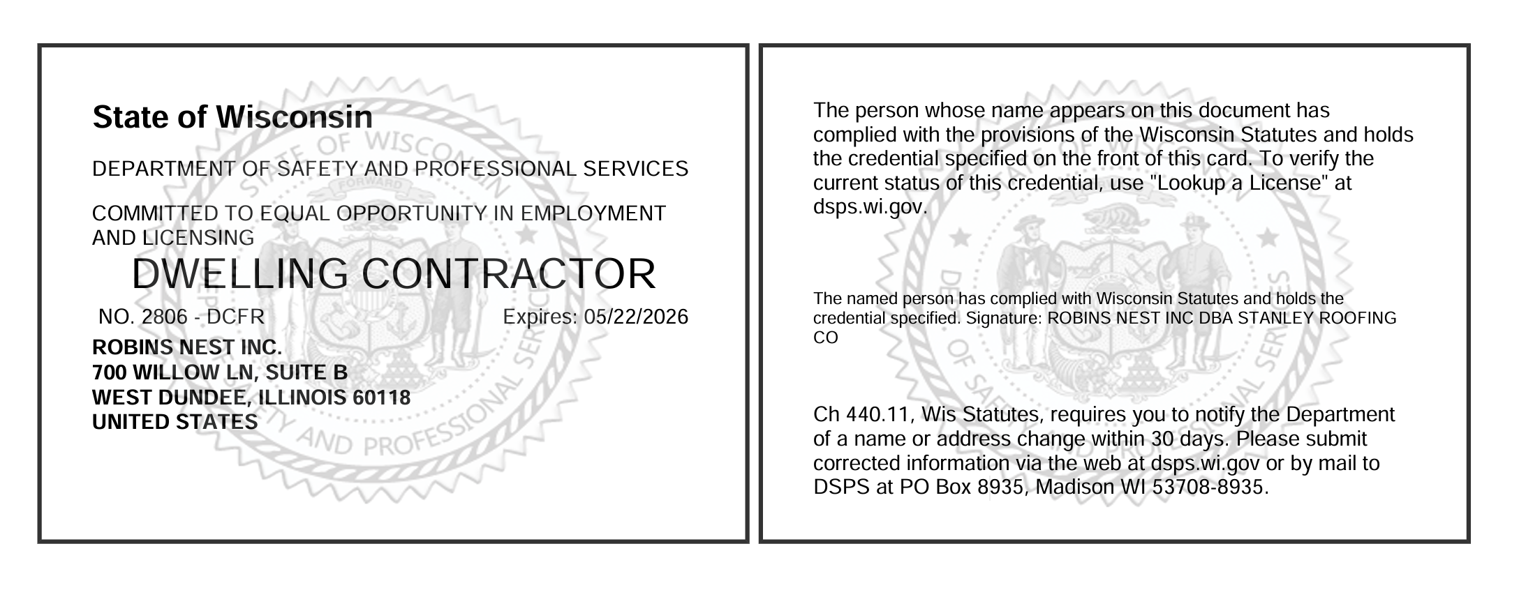 Wisconsin Dwelling Contractors License – Stanley Roofing Chicago