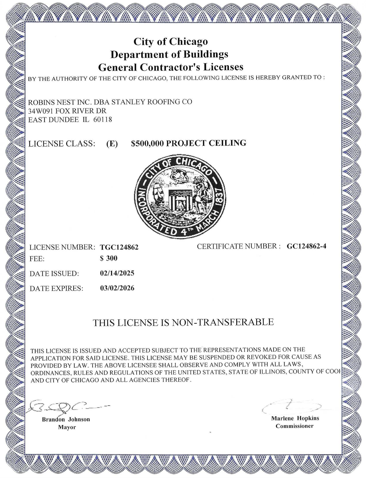 General Contractors License – Stanley Roofing Chicago